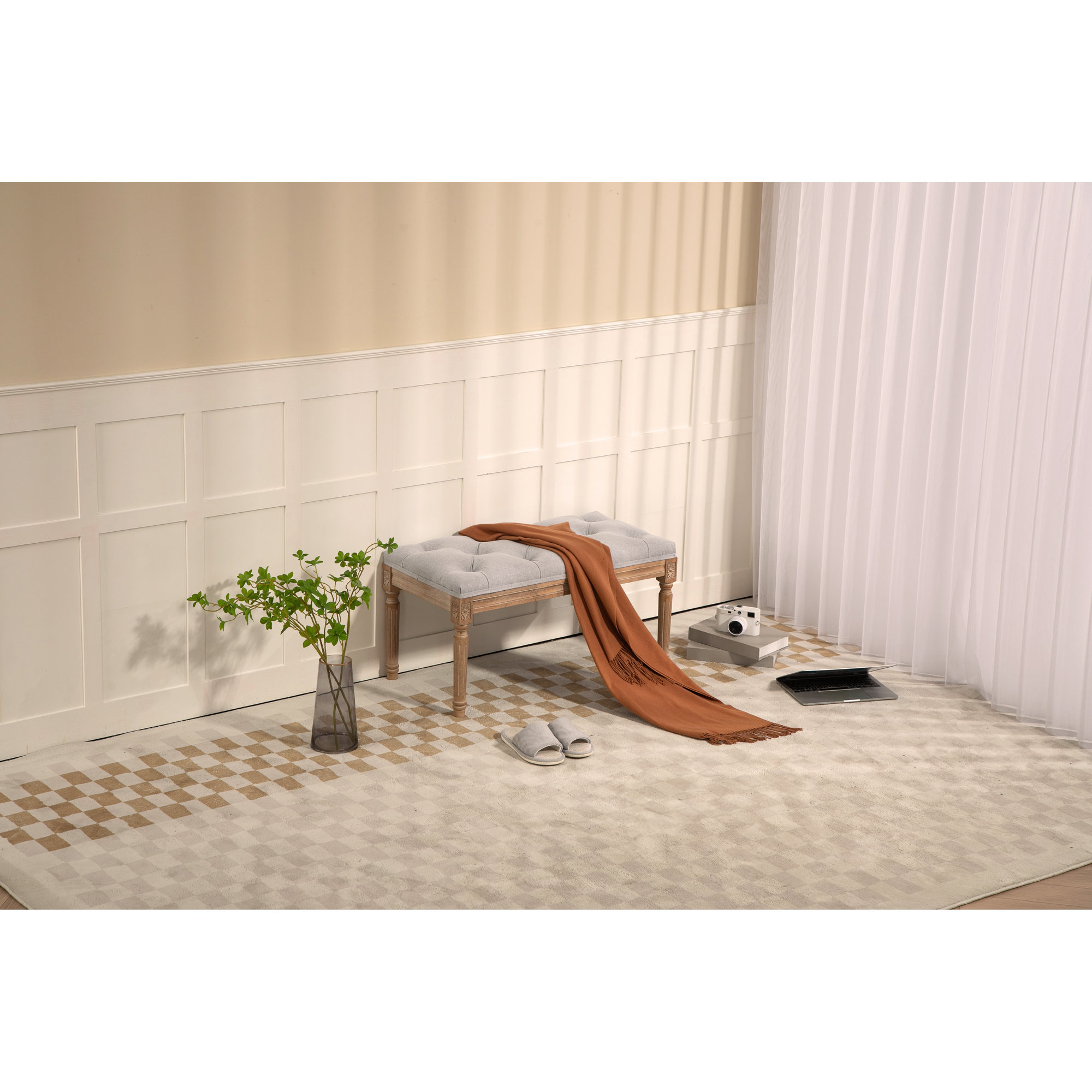 One Allium Way 32"inch French Vintage Bedroom Bench Upholstered Dining Benches, Fabric End of ...